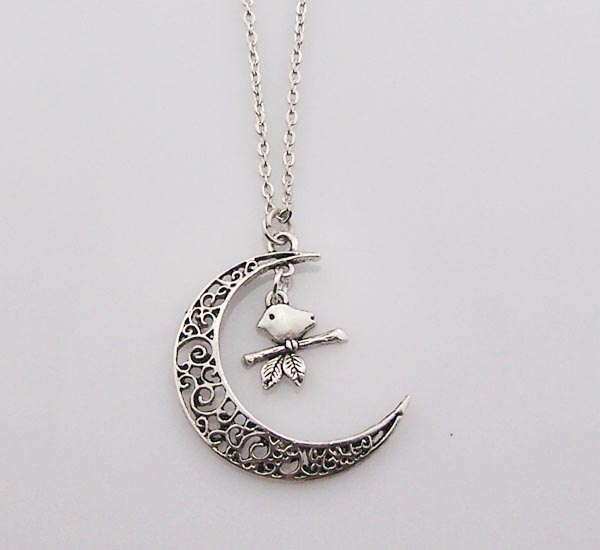 Moon Necklace,small Bird Necklace,branches Bird Moon Necklace,women And ...